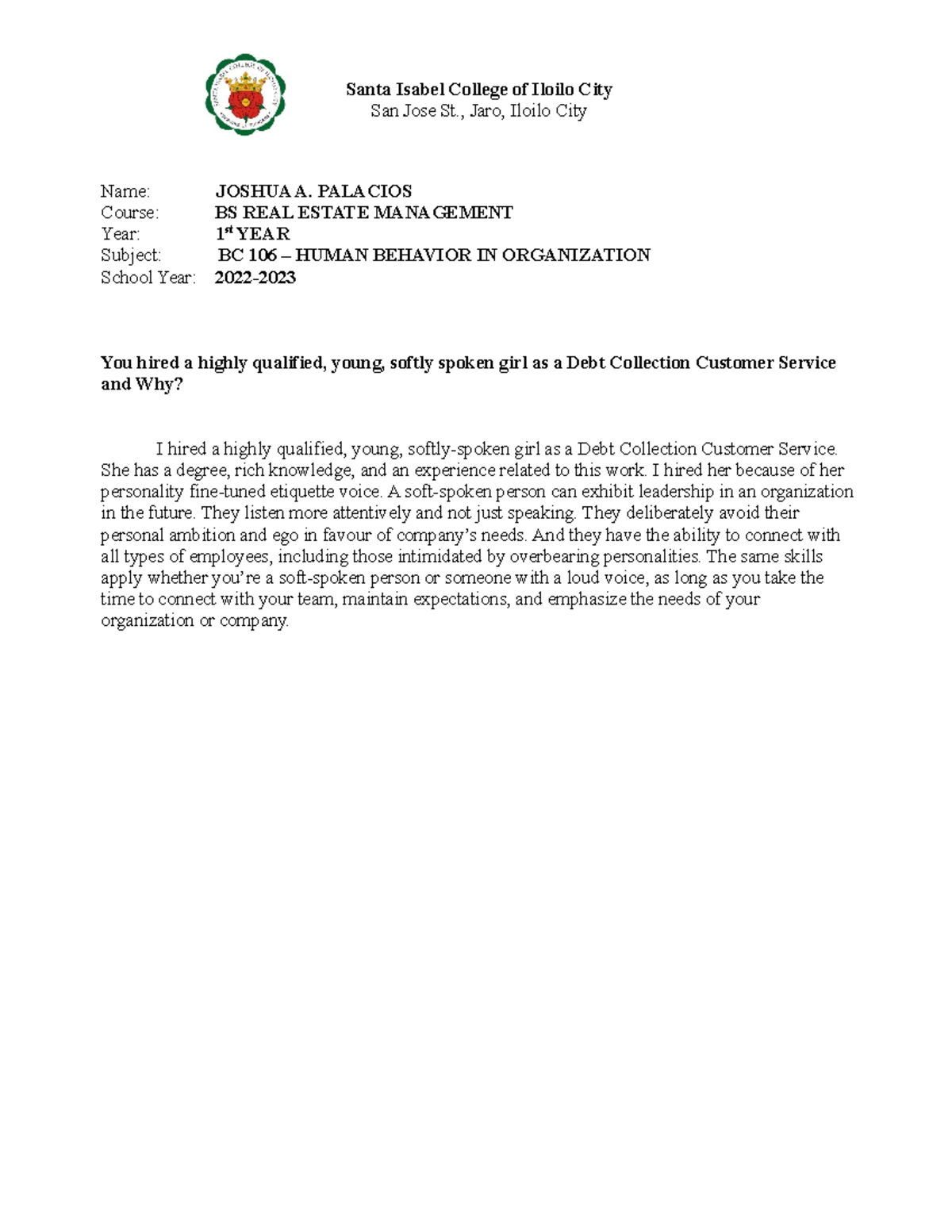 Assignment #2 IN BC 106 - Human Behavior IN Organization - Santa Isabel ...