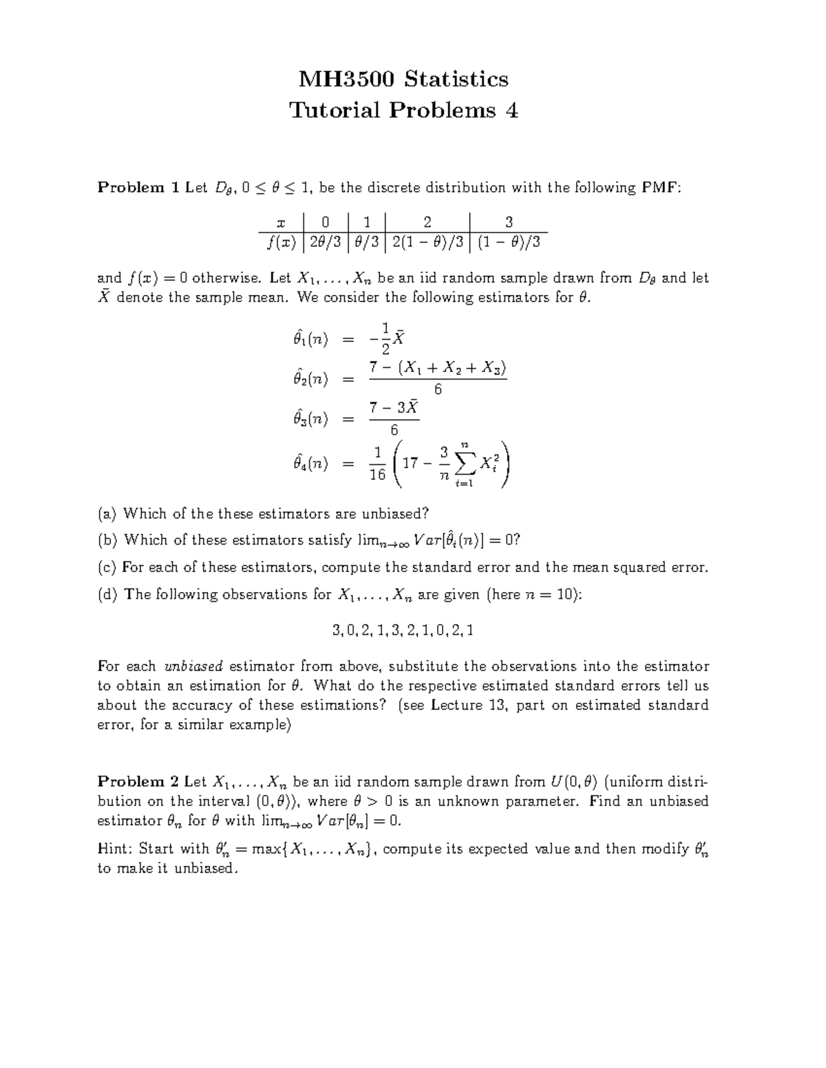 Tutorial 4 MH3500 Notes - MH3500 Statistics Tutorial Problems 4 Problem ...