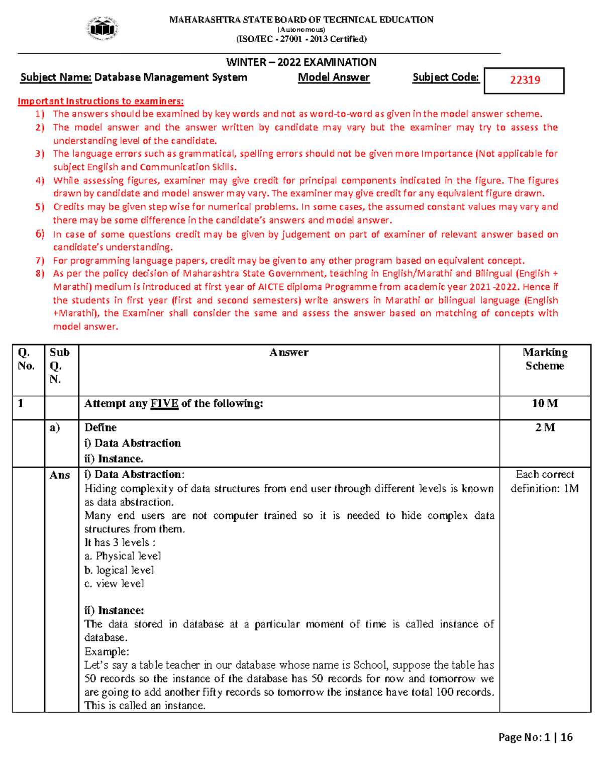 Dbms model ans w2022 - notes - (Autonomous) (ISO/IEC - 27001 - 2013 ...
