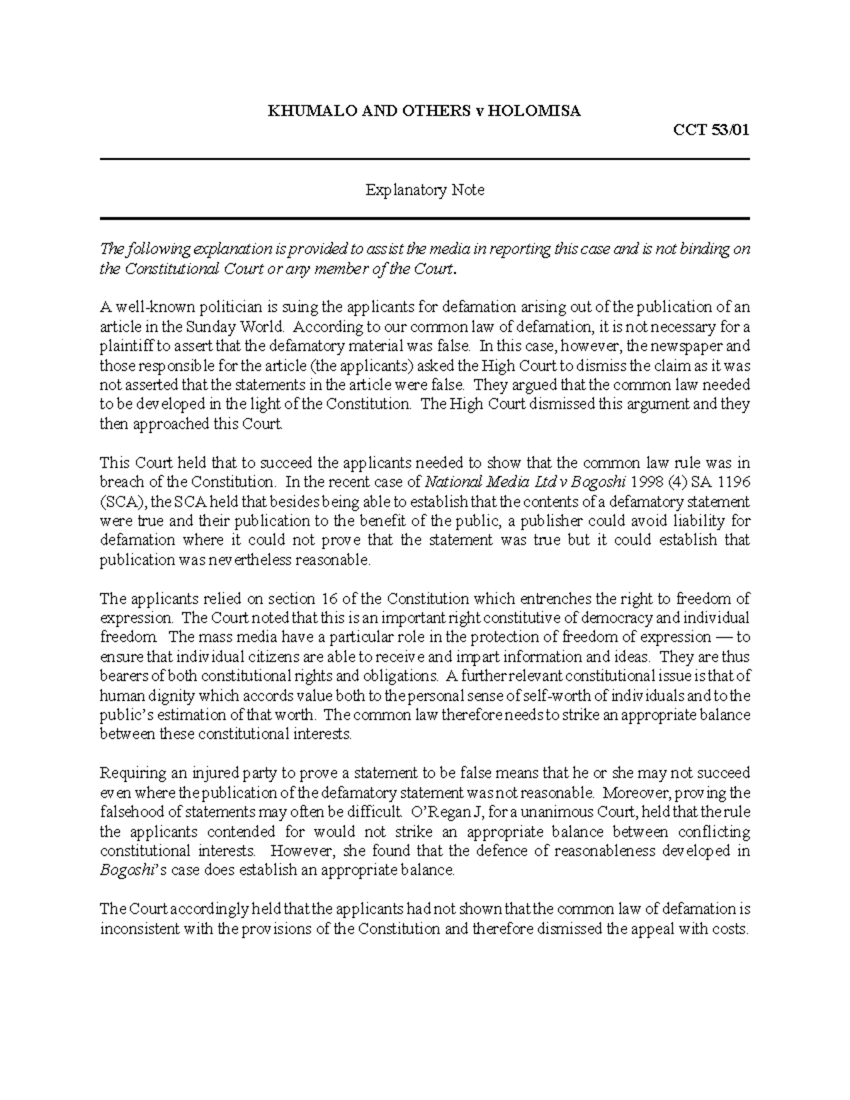 Khumalo v Holomisa Summary - LAW CSL2601 - Unisa - Studocu