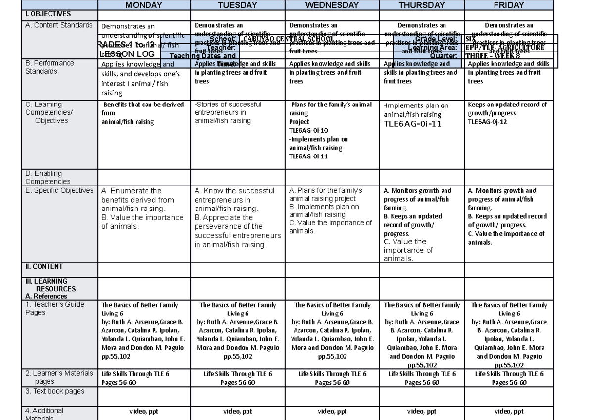 AGRI WEEK 8 - AGRICULTURE 6 - GRADES 1 to 12 DAILY LESSON LOG School ...