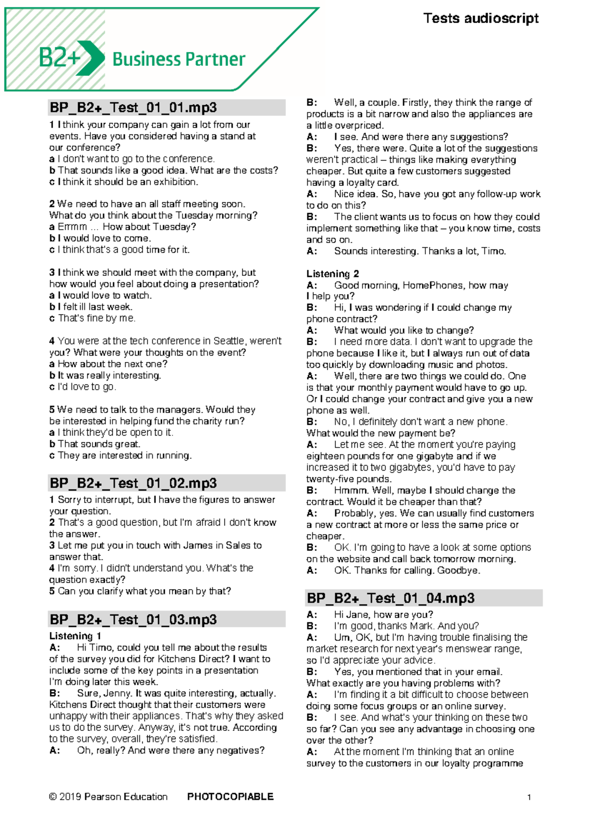 BP B2+ Tests audioscript - BP_B 2 +_Test_01_01 1 I think your company ...
