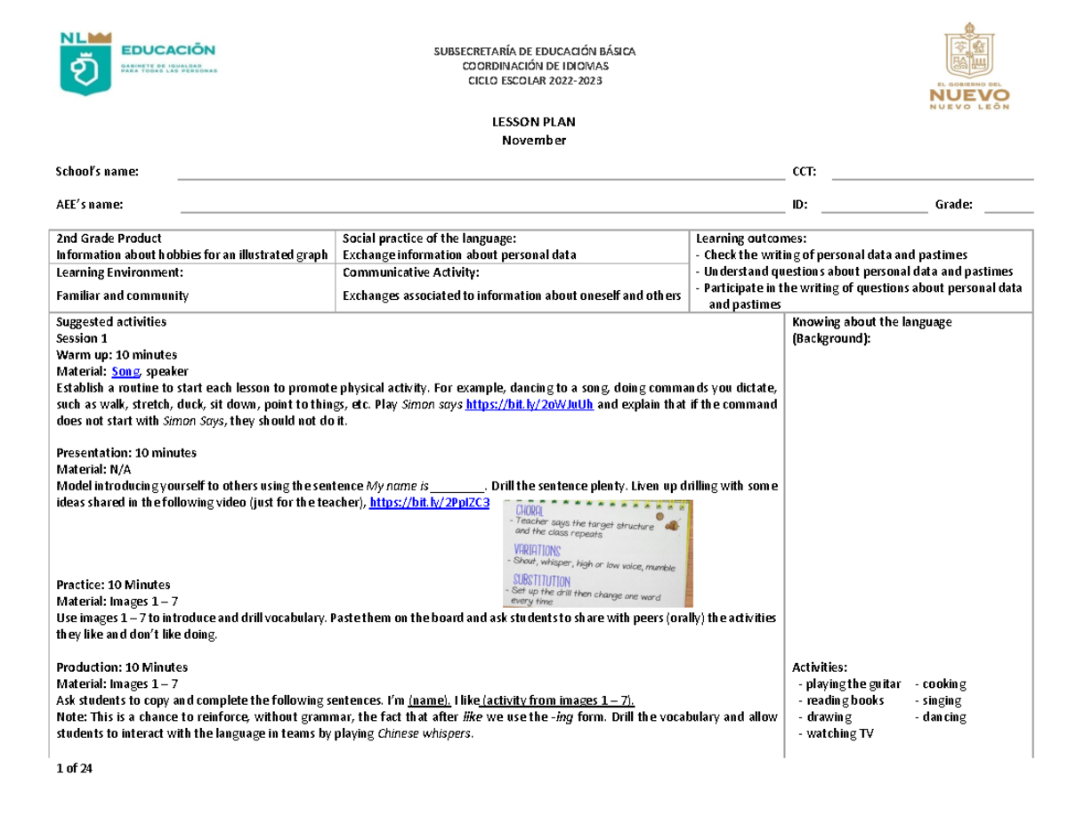 2nd Grade Lesson Plan November - SUBSECRETARÍA DE EDUCACIÓN BÁSICA ...