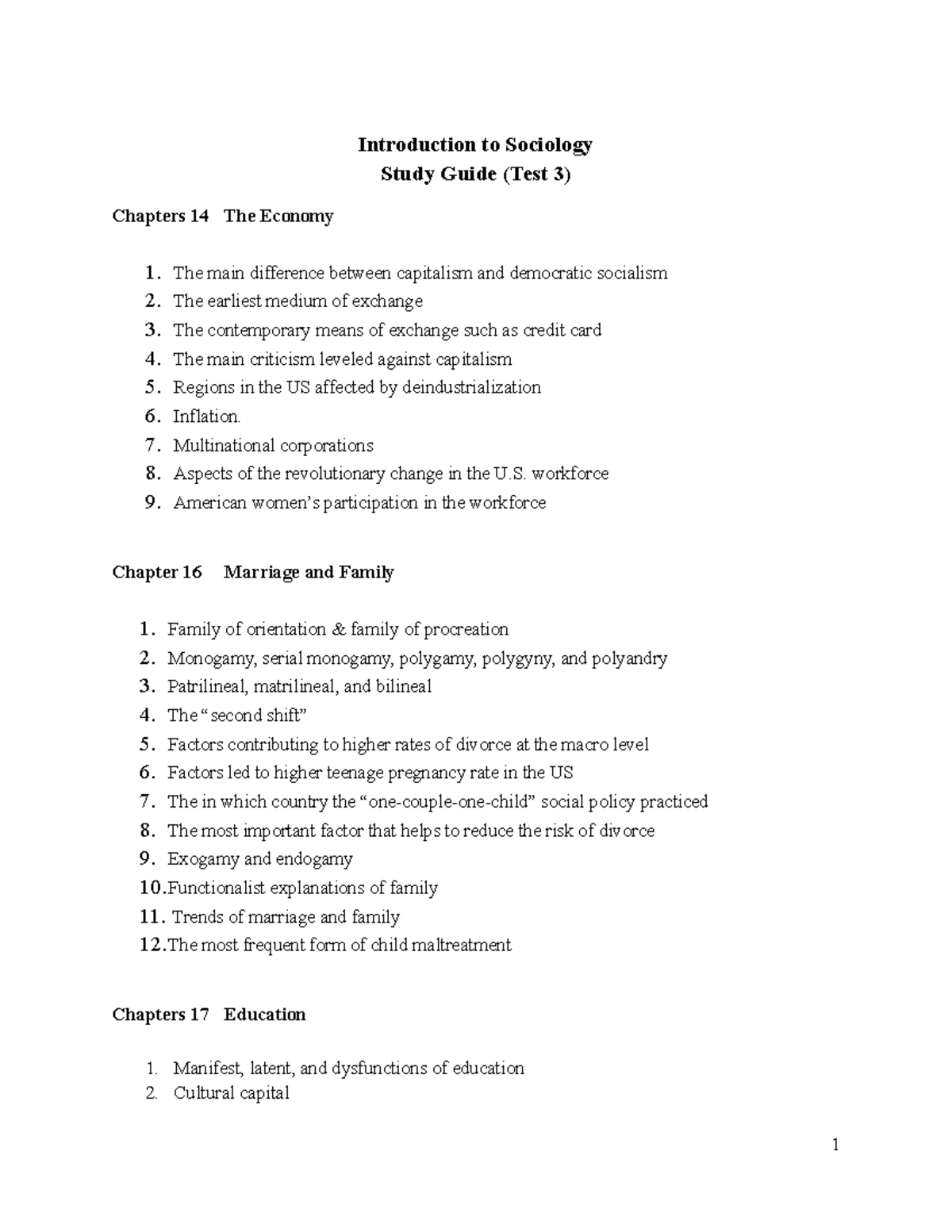 Study Guide Test 3 - Introduction to Sociology Study Guide (Test 3 ...