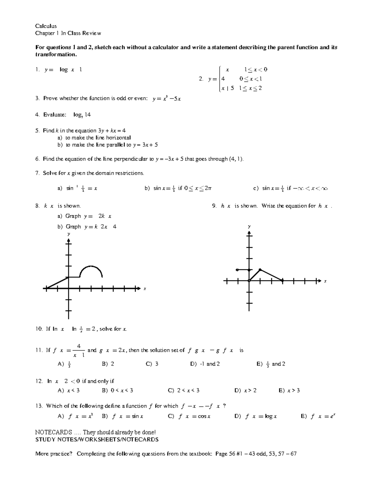 Calc - Chapter 1 Review - Notes - Calculus Chapter 1 In Class Review ...