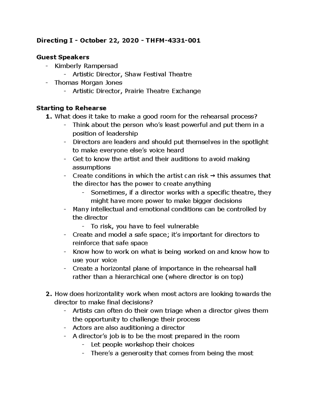Directing I - October 22, 2020 - Directing I - October 22, 2020 - THFM ...