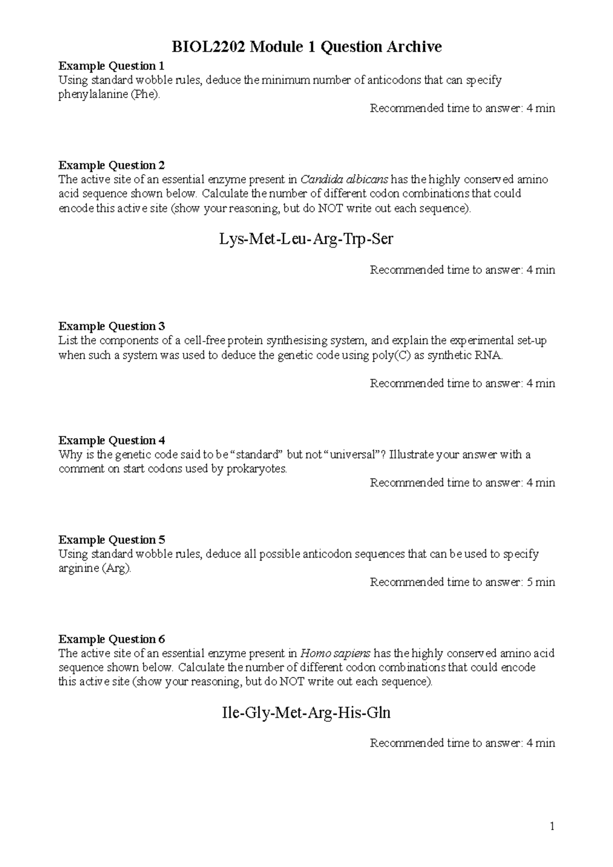 2019 BIOL2202 Module 1 questions - Example Question 1 Using standard ...
