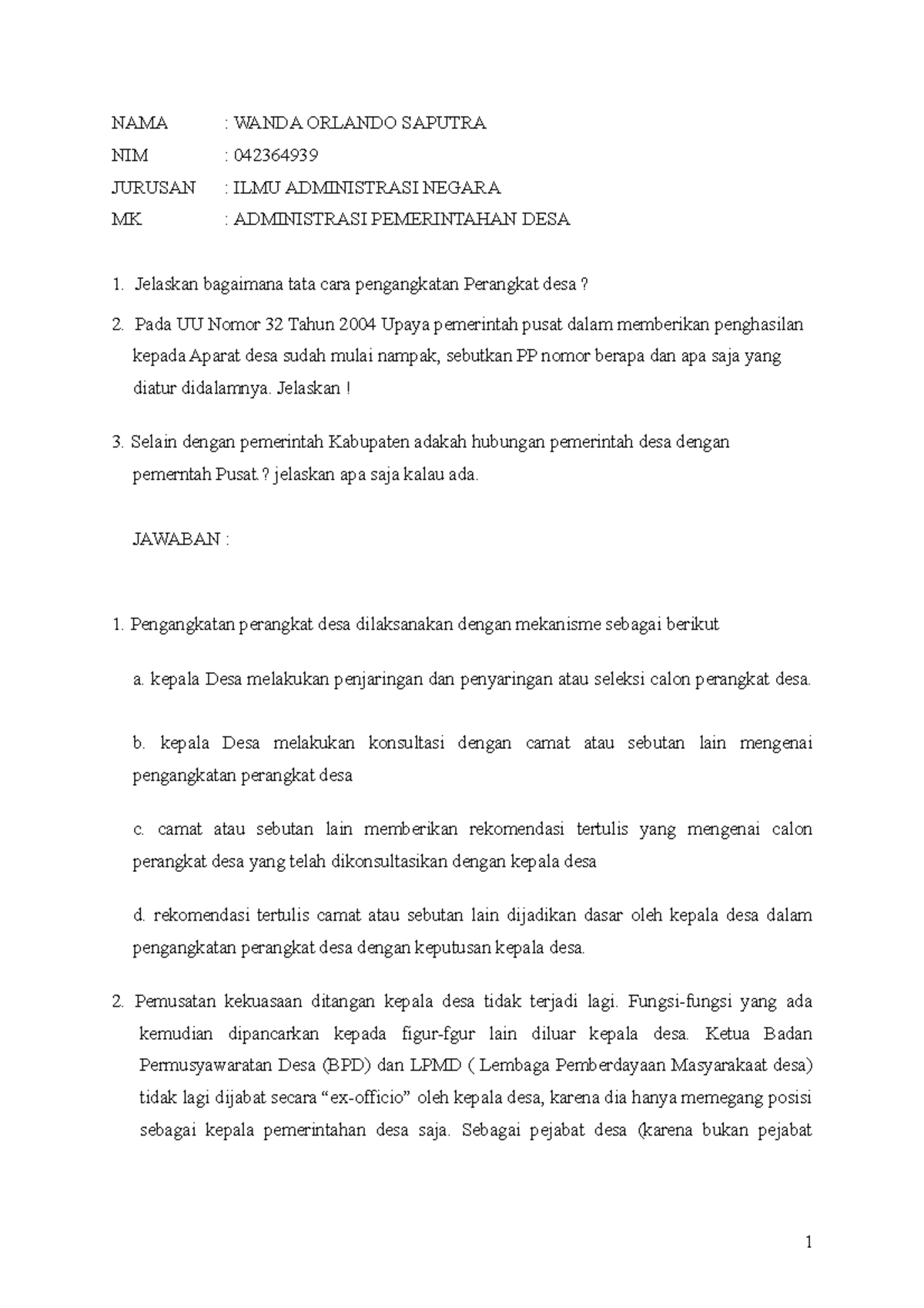 Tugas 2 Administrasi Pemerintahan DESA Wanda Orlando Saputra 042364939 - NAMA : WANDA ORLANDO ...