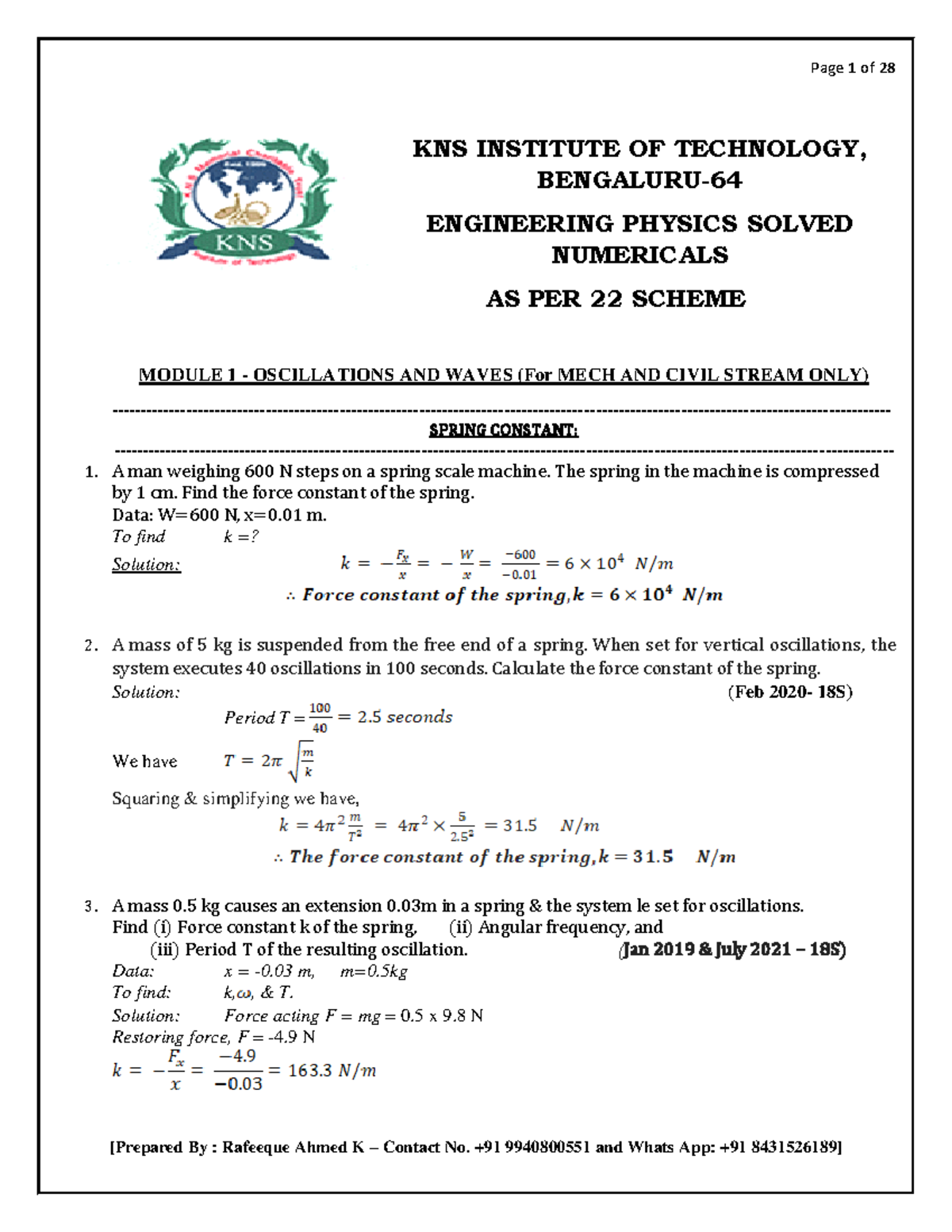 Physics Numericals Solved (tele@vtu23) - KNS INSTITUTE OF TECHNOLOGY, BENGALURU- 64 ENGINEERING ...