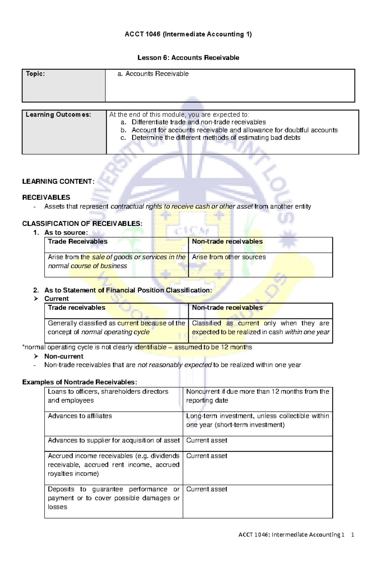 Accounts receivable - Lecture notes 7 - ACCT 1046 (Intermediate ...