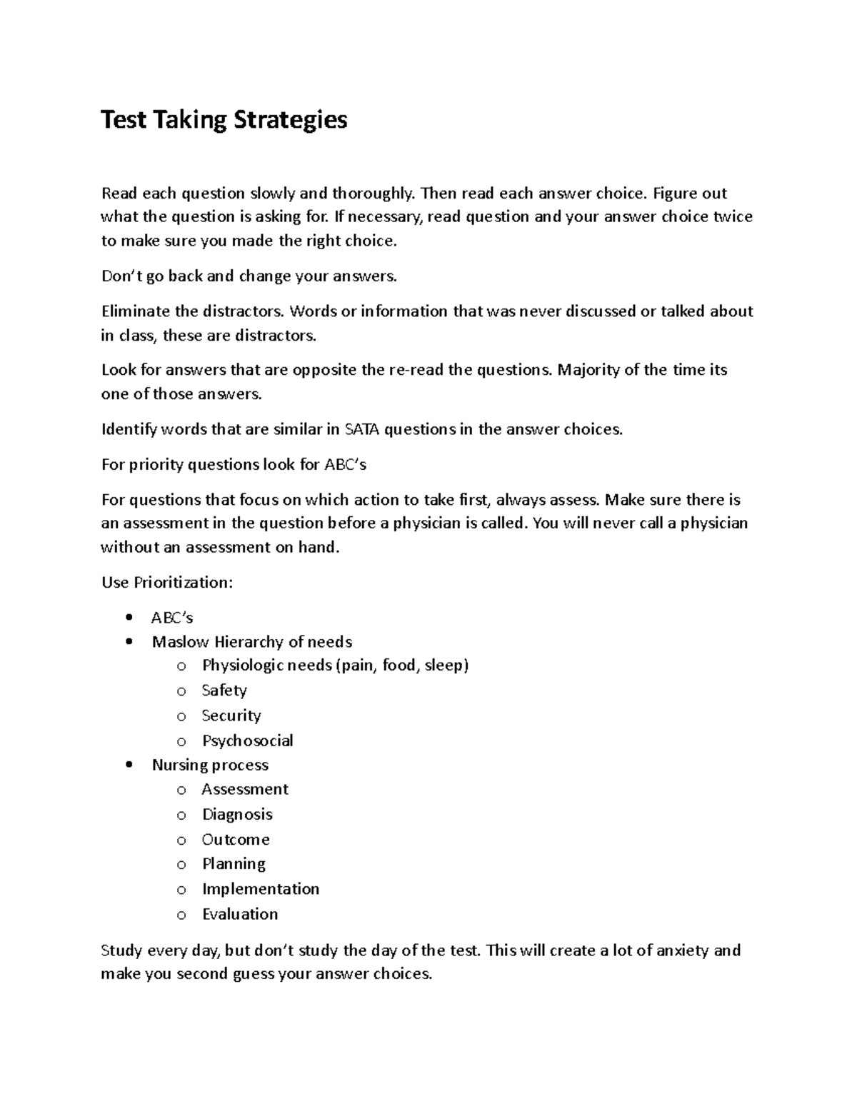 Test taking Strategies - Test Taking Strategies Read each question ...
