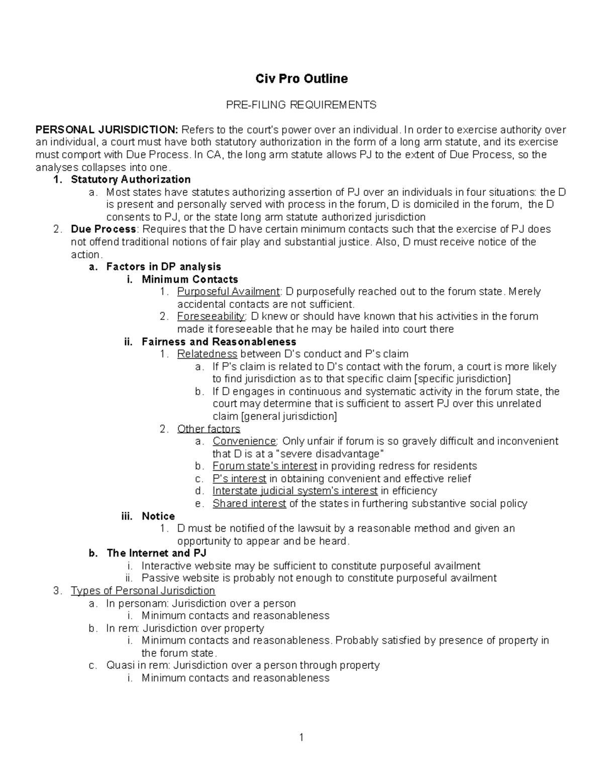 01 Ref Materials Civ Pro Outline with CA Distinctions - Civ Pro Outline PRE-FILING REQUIREMENTS ...