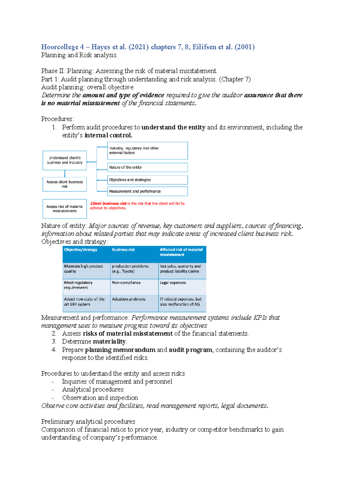 Auditing Lecture 4 - Hoorcollege 4 – Hayes et al. (2021) chapters 7, 8, Eilifsen et al. (2001 ...