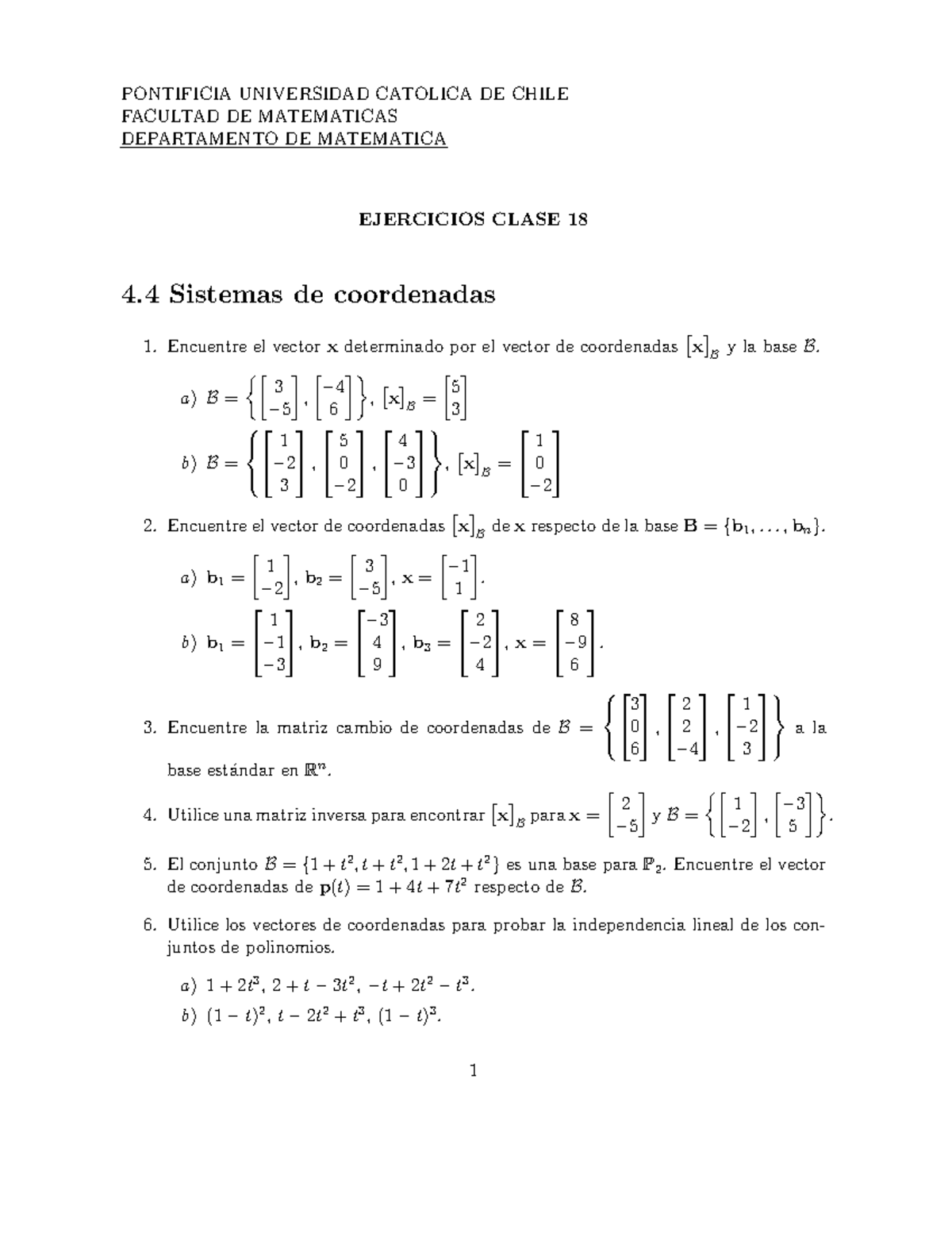 Clase 18 - ejercicios de álgebra lineal propuestos para interrogación - PONTIFICIA UNIVERSIDAD ...