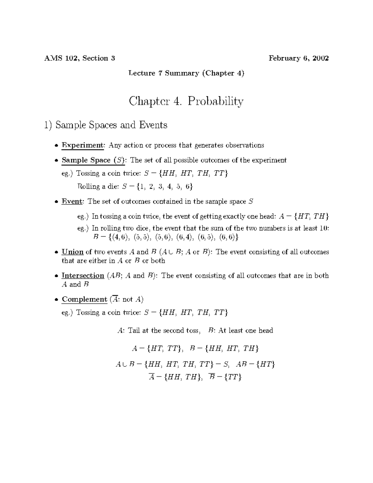 Lecture 7 - Probability - Sample Spaces and Events - ☎ ☞☛ ☞ - Studocu