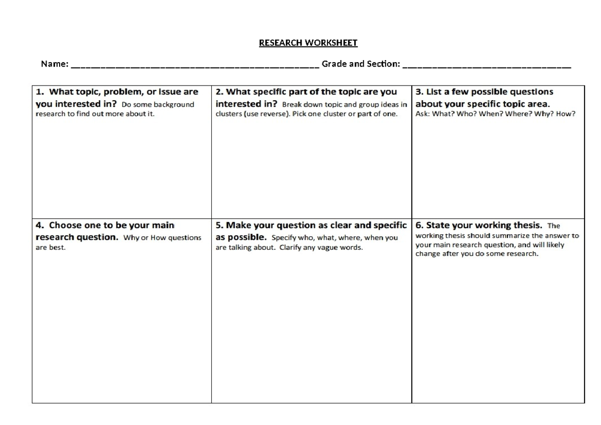 Research- Worksheet - Ctto - RESEARCH WORKSHEET Name: Grade and Section ...
