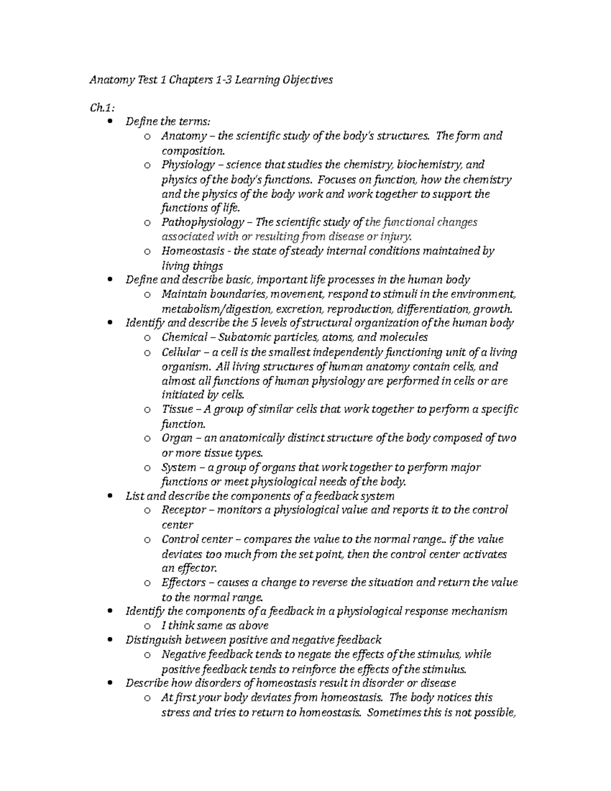Test 1 Learning objectives - Anatomy Test 1 Chapters Learning ...