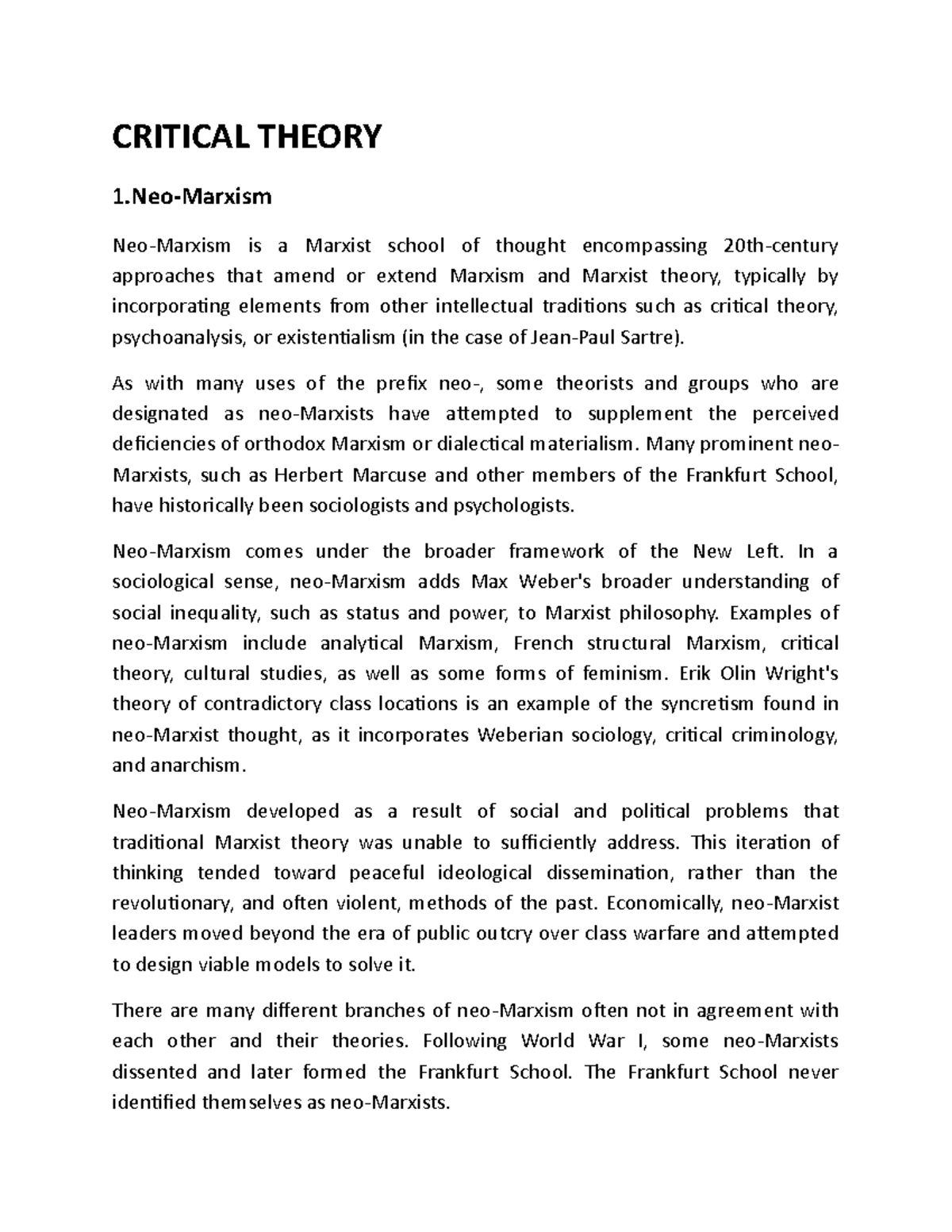 Critical Theory and critics - CRITICAL THEORY 1-Marxism Neo-Marxism is ...