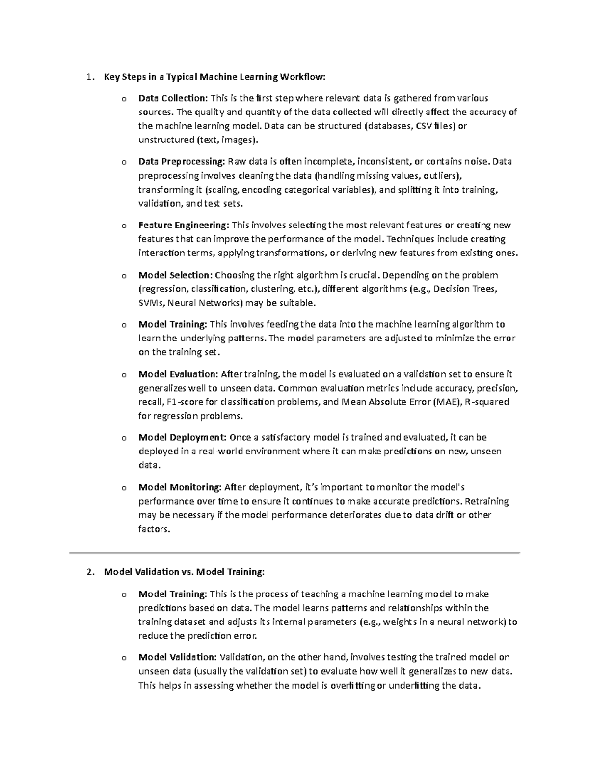ML-QB-Ans - Done - Key Steps in a Typical Machine Learning Workflow: o Data Collection: This is ...