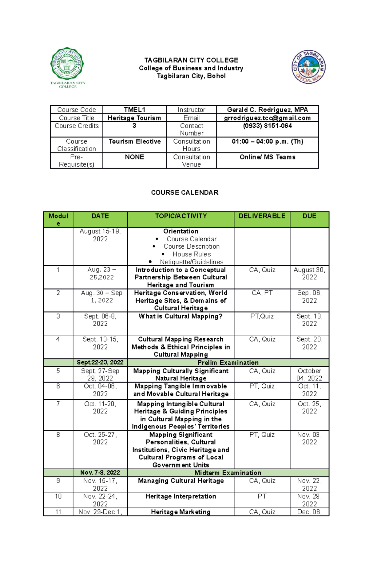 Course Calendar TMEL1 - Notes - TAGBILARAN CITY COLLEGE College of ...