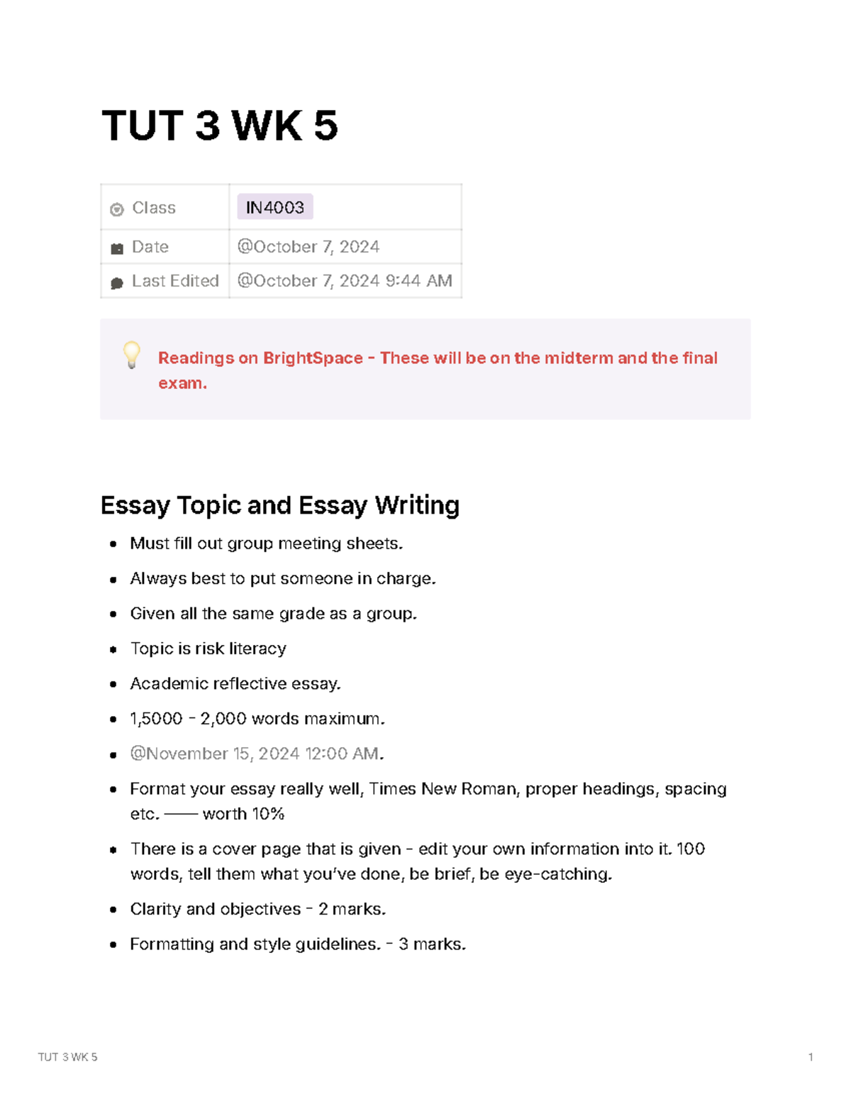 In4003 Tut 3 Wk 5 Notes On The Assignment From Tutorials Tut 3 Wk 5 Class In Date Last