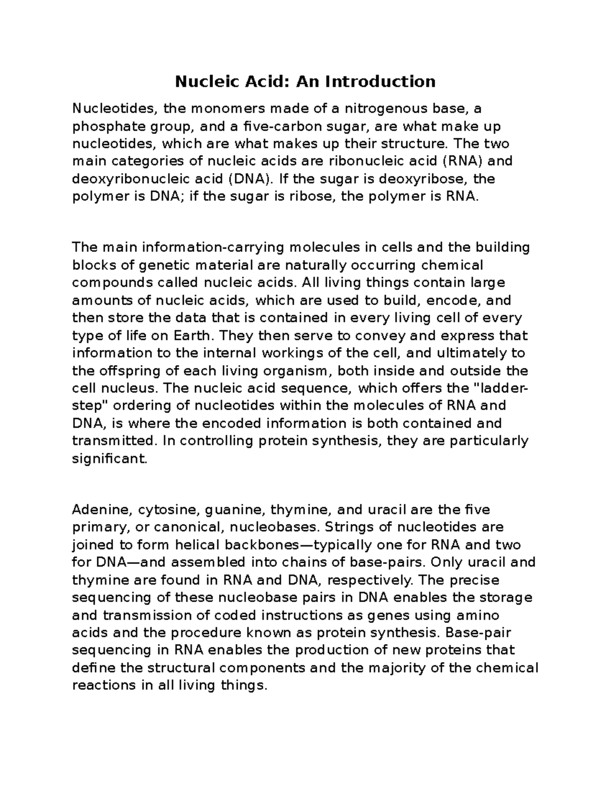 Nucleic Acid - SCIENCE - Nucleic Acid: An Introduction Nucleotides, the ...