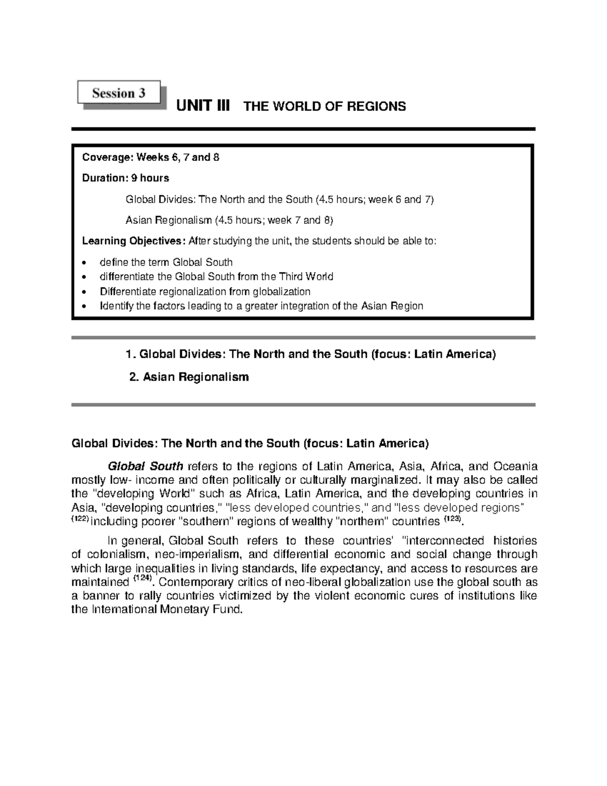UNIT III -THE World OF Regions - Coverage: Weeks 6, 7 and 8 Duration: 9 ...