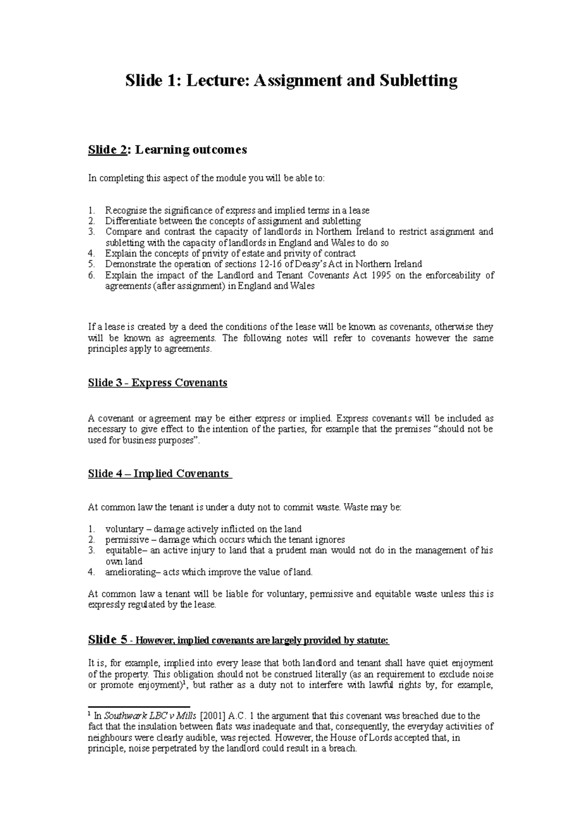 Draft - Assignment and Subletting Notes(1)-2 - Slide 1: Lecture ...