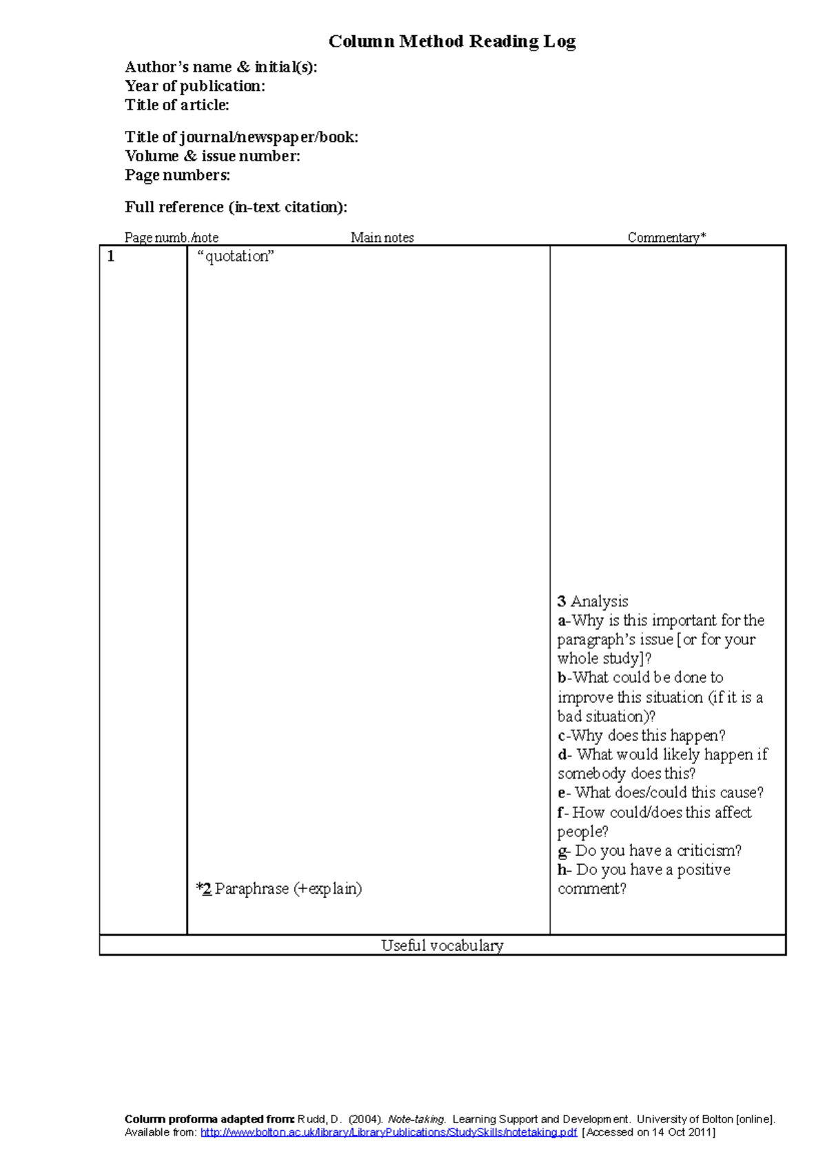 Reading log blank 3 steps - Column Method Reading Log Author’s name ...