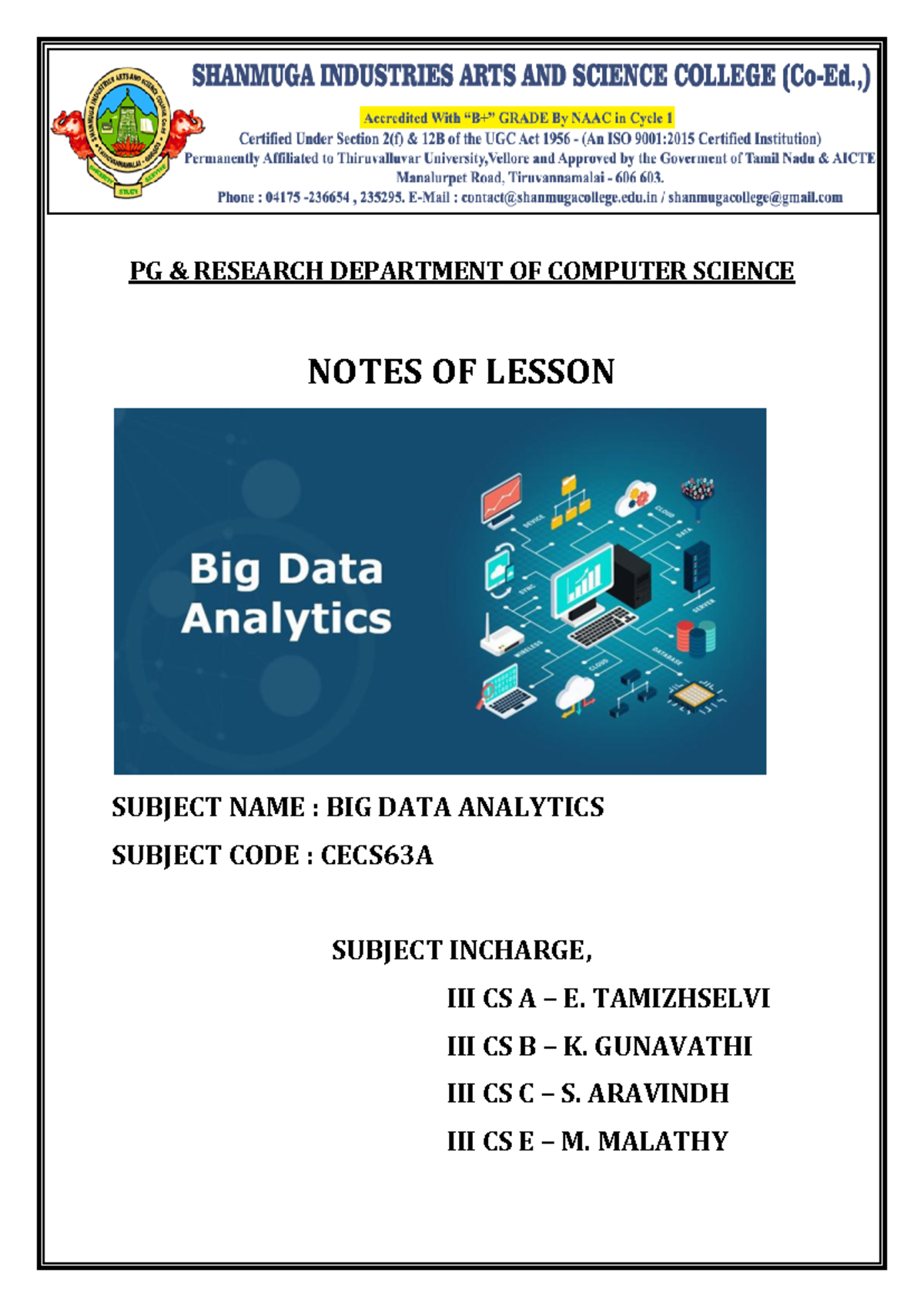 CECS63A - Big Data Analytics - PG & RESEARCH DEPARTMENT OF COMPUTER ...