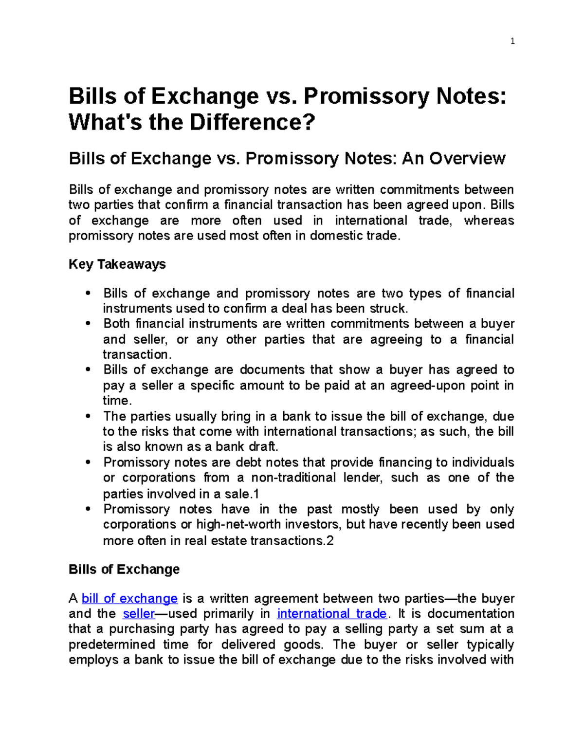 Special Notes - Bills OF Exchange VS. Promissory NOTE - Bills of ...