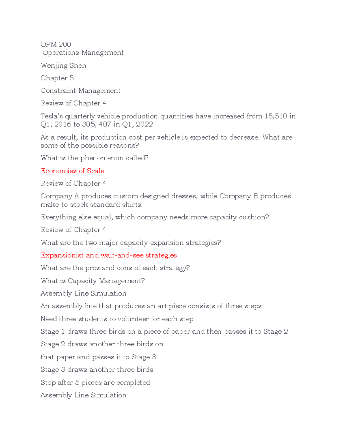 OPM 200 Unit 4 class 1 notes - OPM 200 Operations Management Wenjing ...