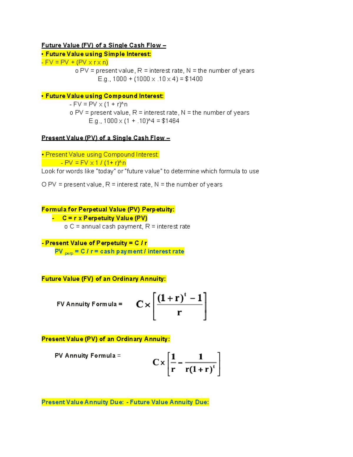 ADMS 3350 Formulas for class - Future Value (FV) of a Single Cash Flow ...