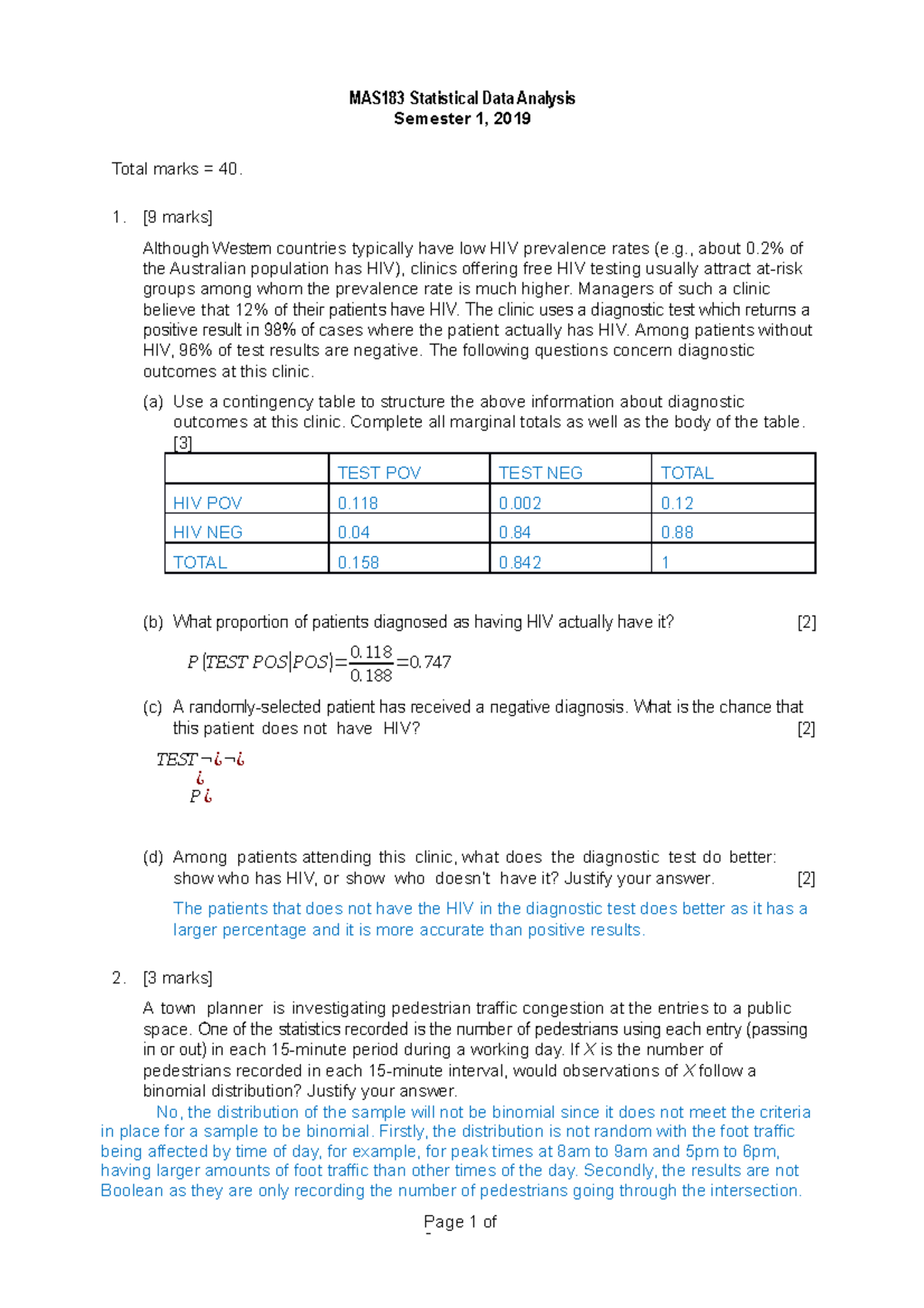 MAS183 Assign 2 - MAS183 Statistical Data Analysis Semester 1, 2019 Total marks = 40. 1. [9 ...
