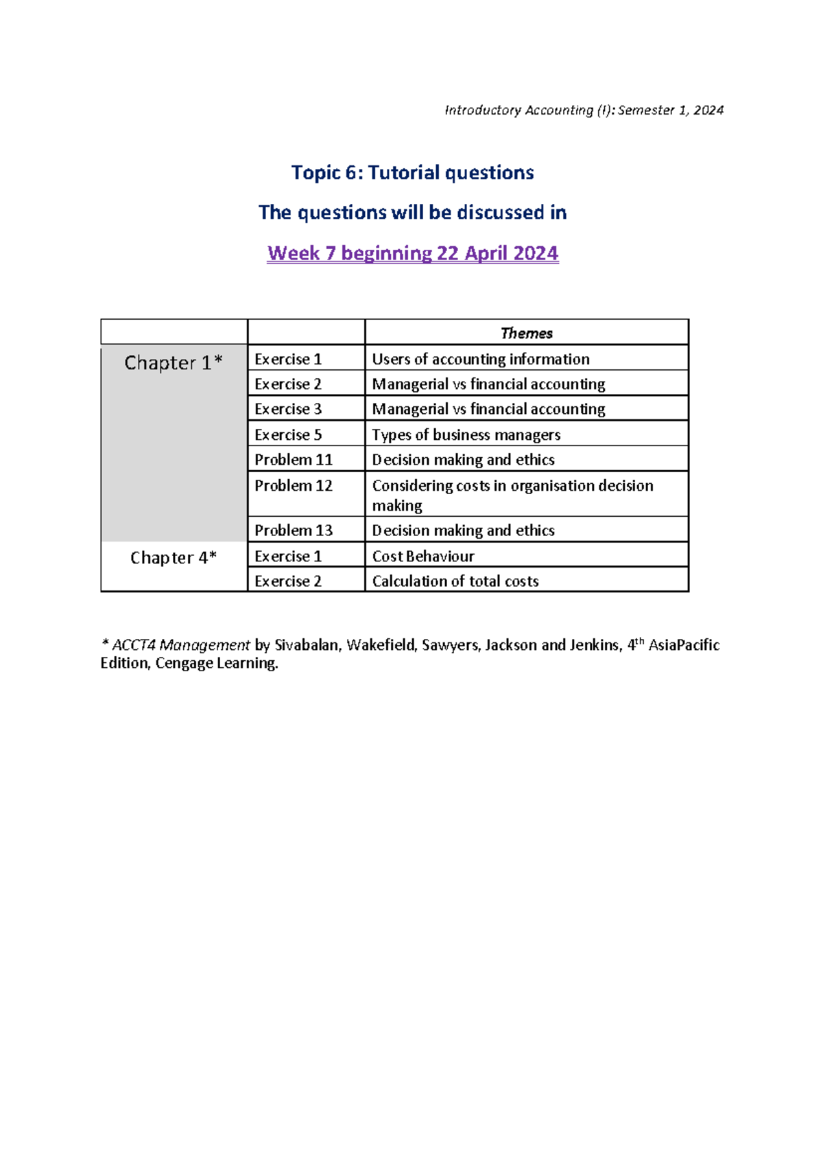 Topic 6 tutorial questions Week 7 S12024 - Introductory Accounting (I ...