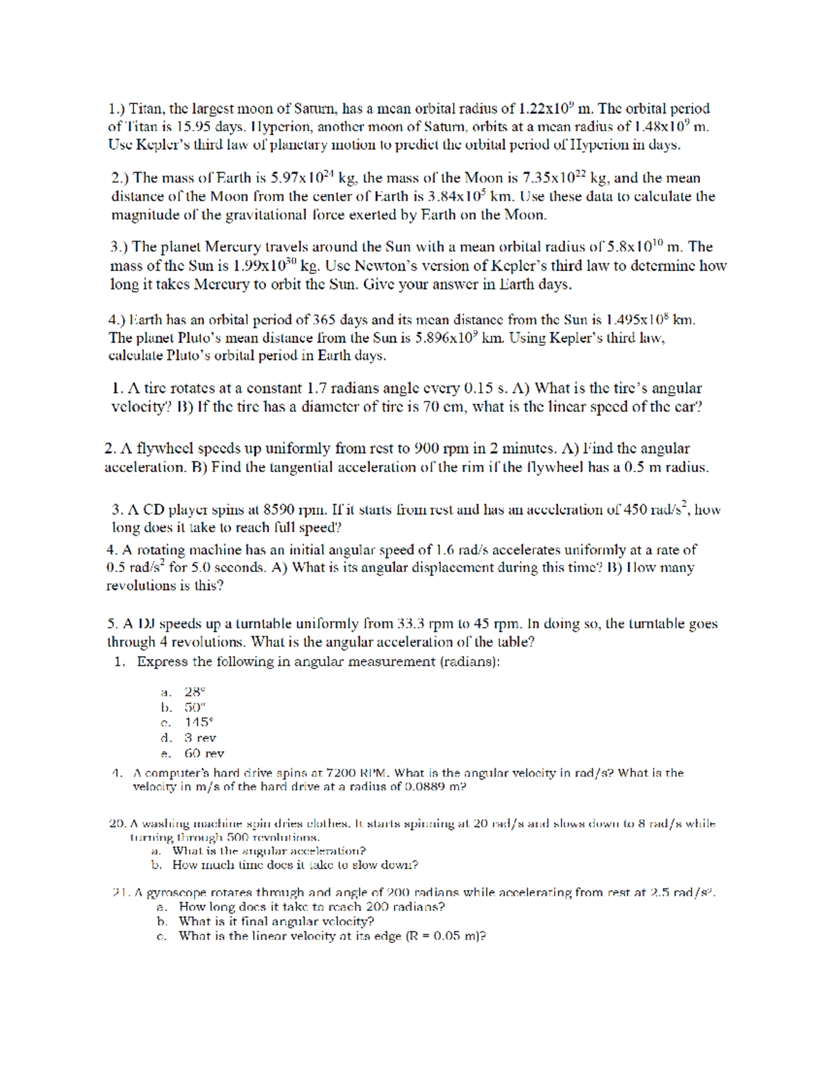 Rotational and kepler ws - Physics - Studocu