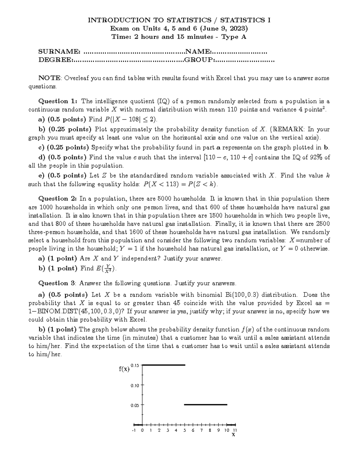 File - INTRODUCTION TO STATISTICS / STATISTICS I Exam on Units 4, 5 and ...