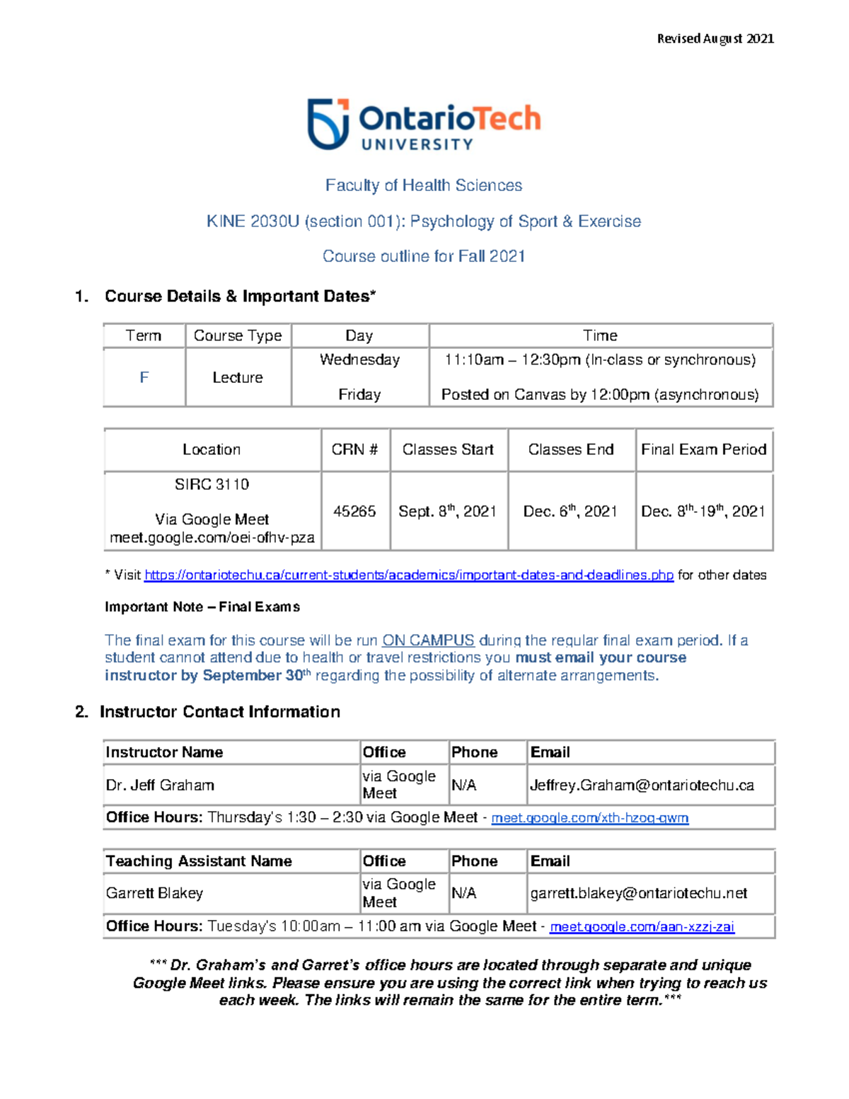 KINE 2030U (section 001) Course Outline Fall 2021 - Faculty of Health ...