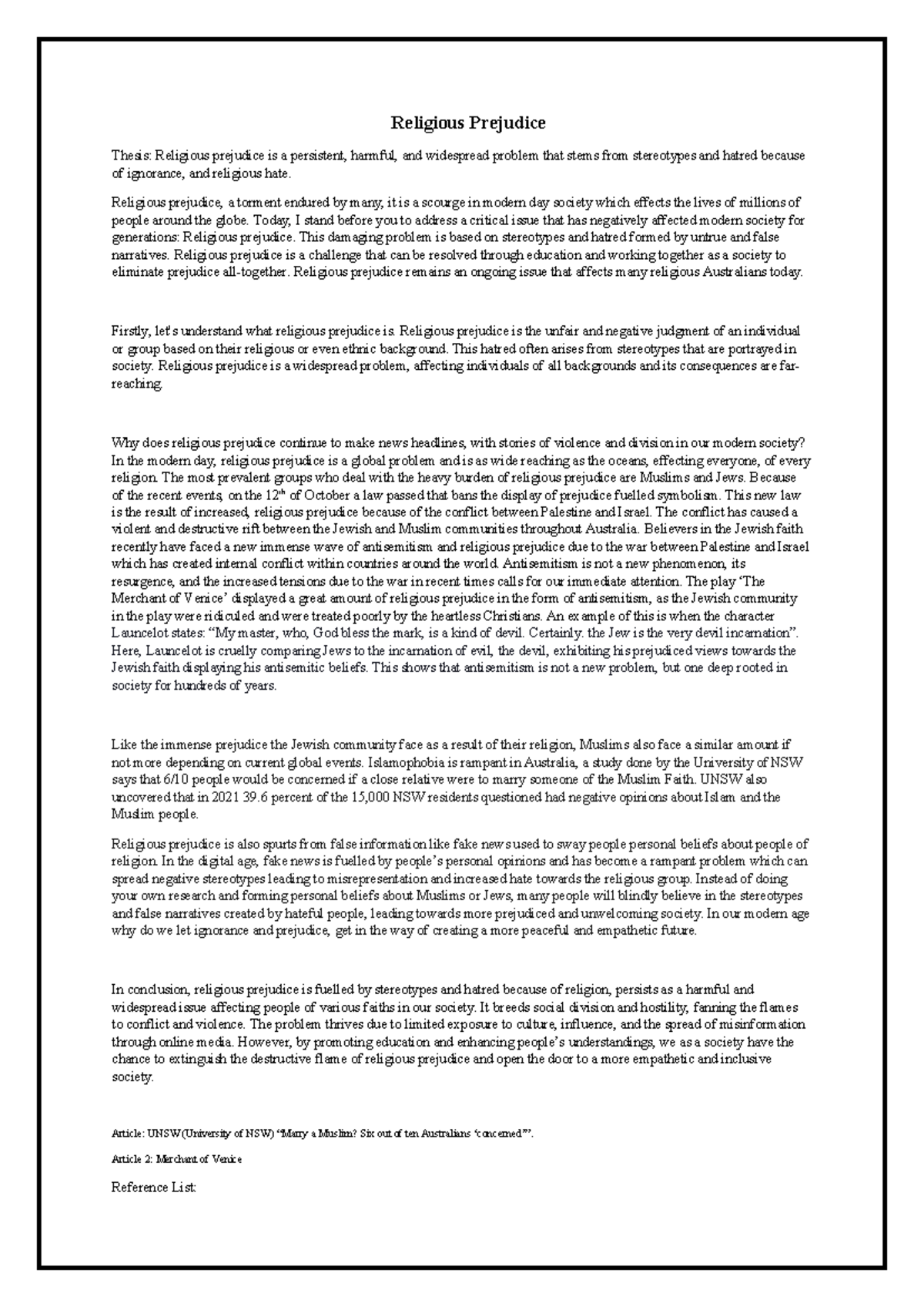Year 10 English Speech - xcvbnm - Religious Prejudice Thesis: Religious ...