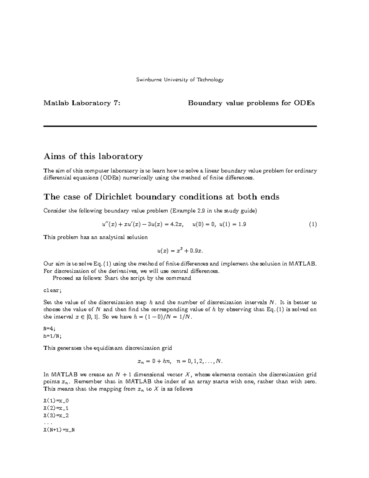 Tutorial 7 Matlab - Swinburne University of Technology Matlab Laboratory 7: Boundary value ...