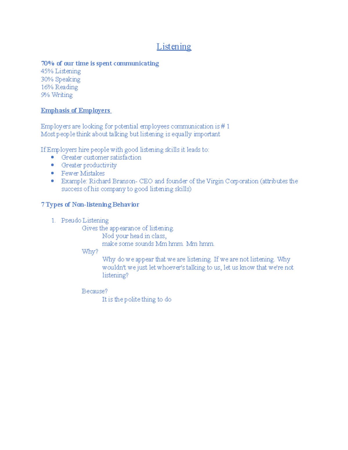 Comm-Listening - Outline - Listening 70% of our time is spent ...