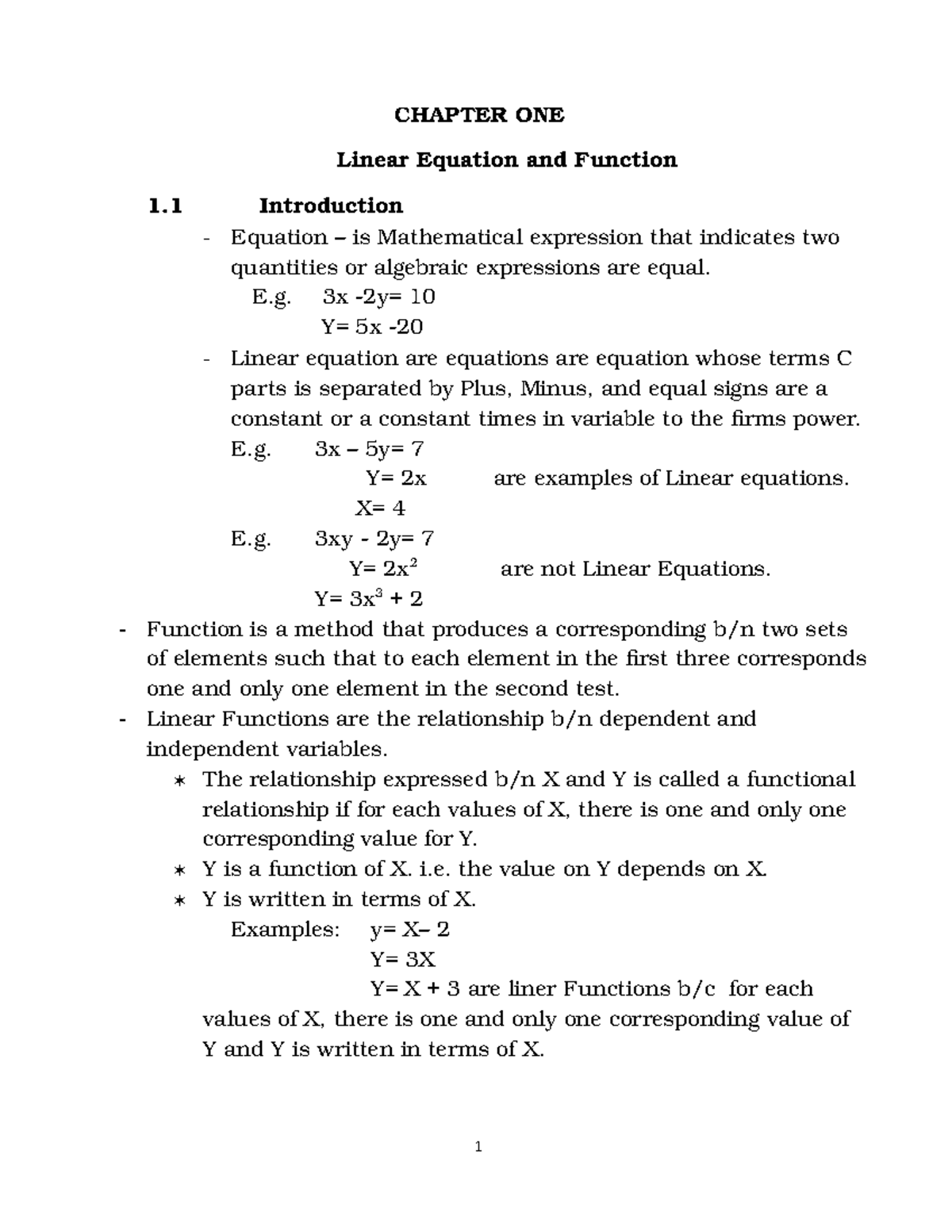 Chapter One-1 - CHAPTER ONE Linear Equation and Function 1 Introduction ...