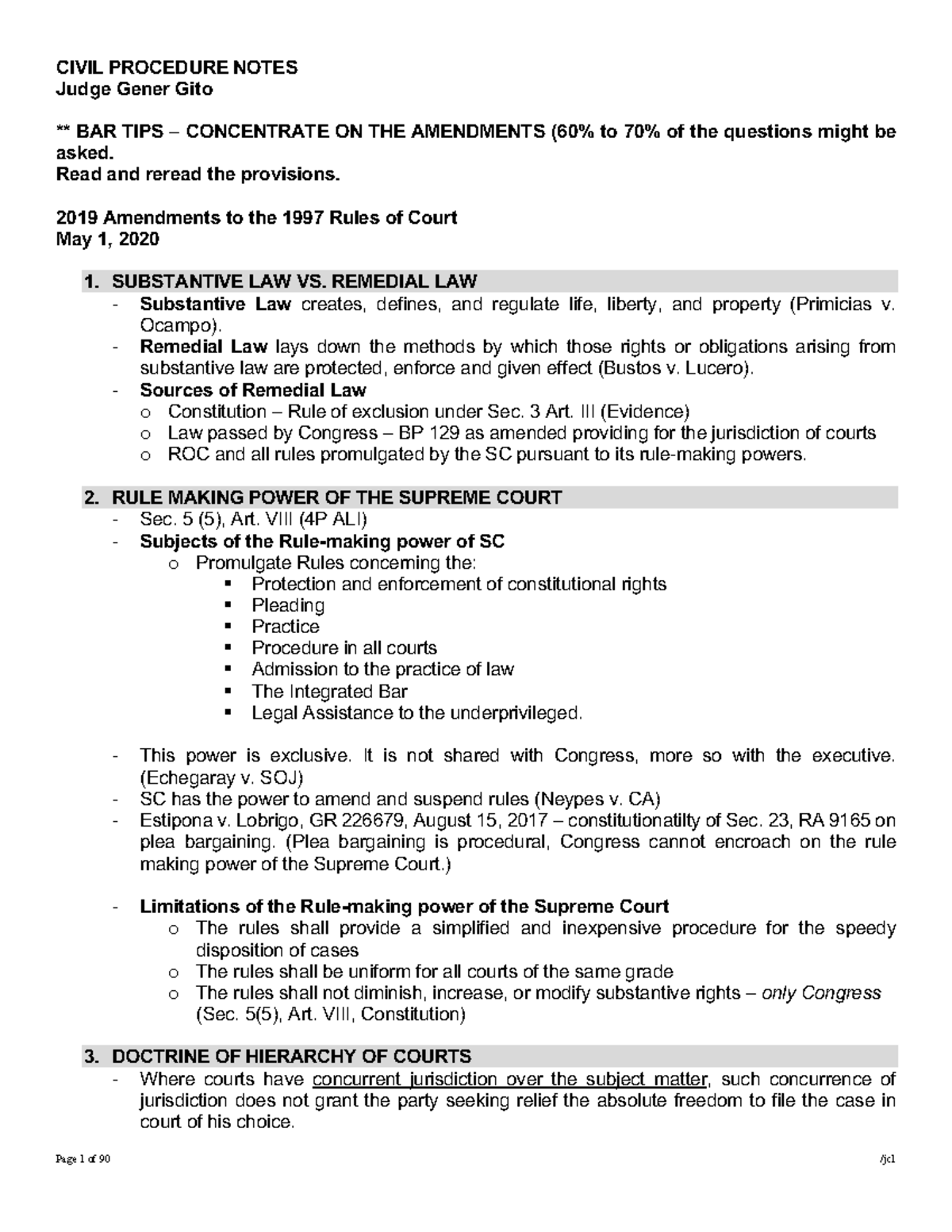 CIVIL PROCEDURE NOTES - CIVIL PROCEDURE NOTES Judge Gener Gito ** BAR ...