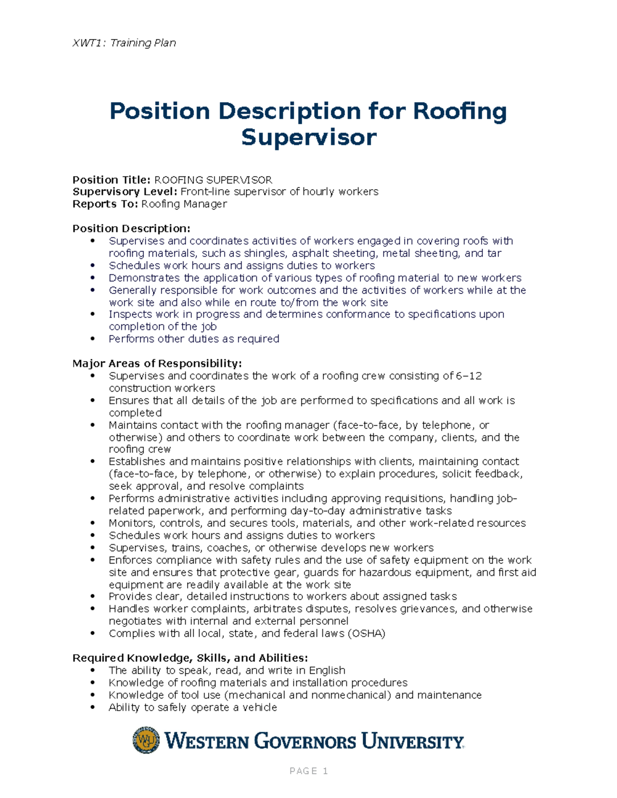 Supervisor Job Descrip SV4 - XWT1: Training Plan Position Description ...