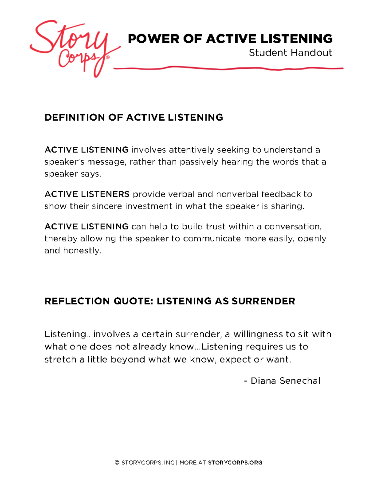 SC - ffddf - POWER OF ACTIVE LISTENING Student Handout © STORYCORPS ...