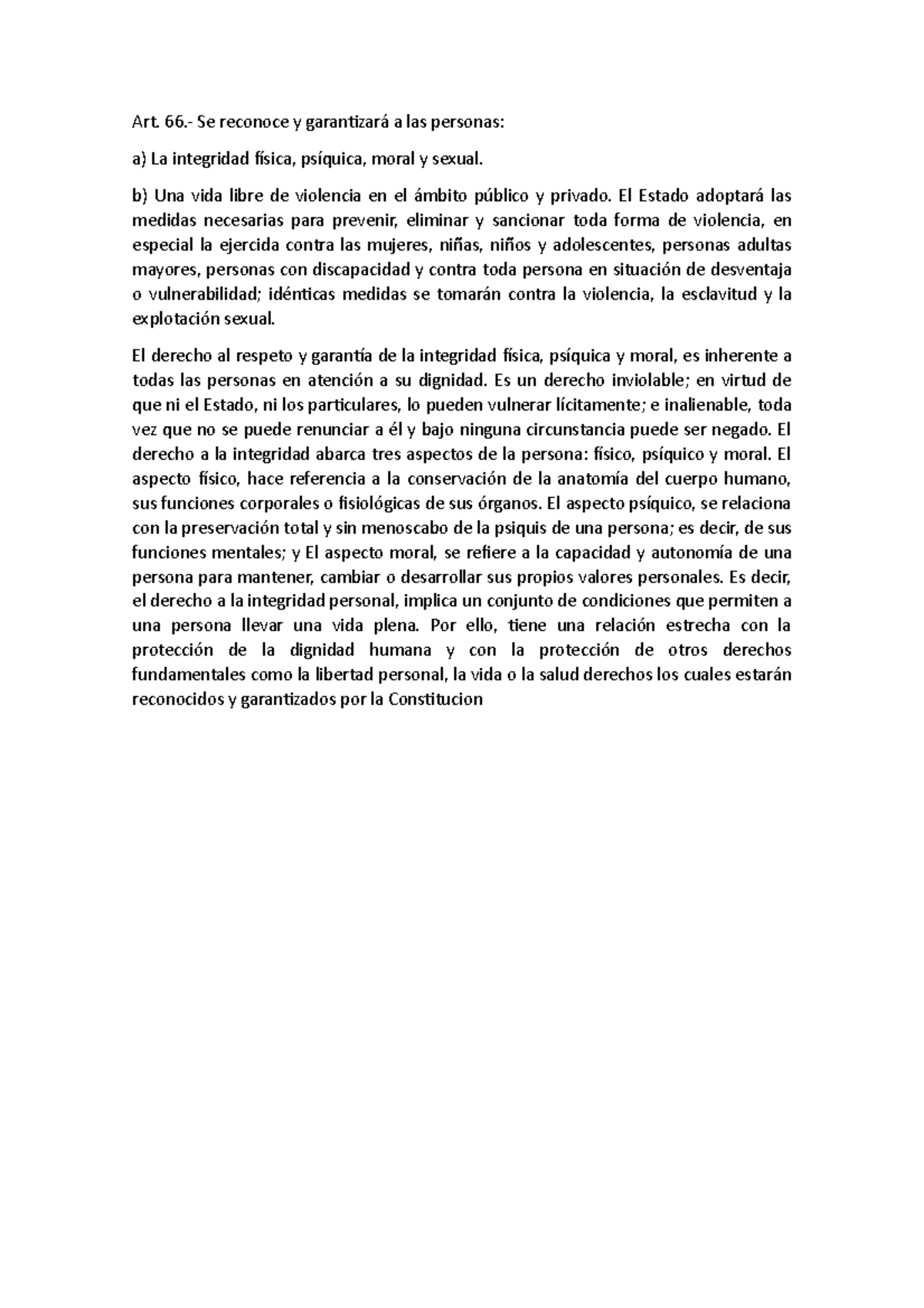 Art 66 N3 - CONSTITUCIONAL - Art. 66.- Se reconoce y garantizará a las ...