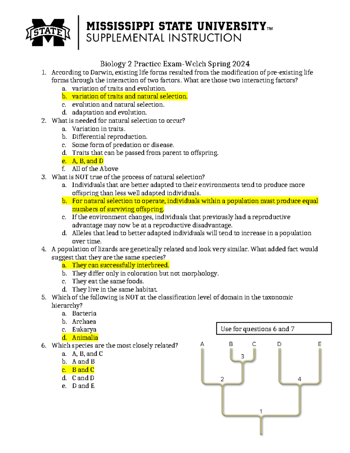 BIO2Exam1Practice Test KEY - Biology 2 Practice Exam-Welch Spring 2024 ...