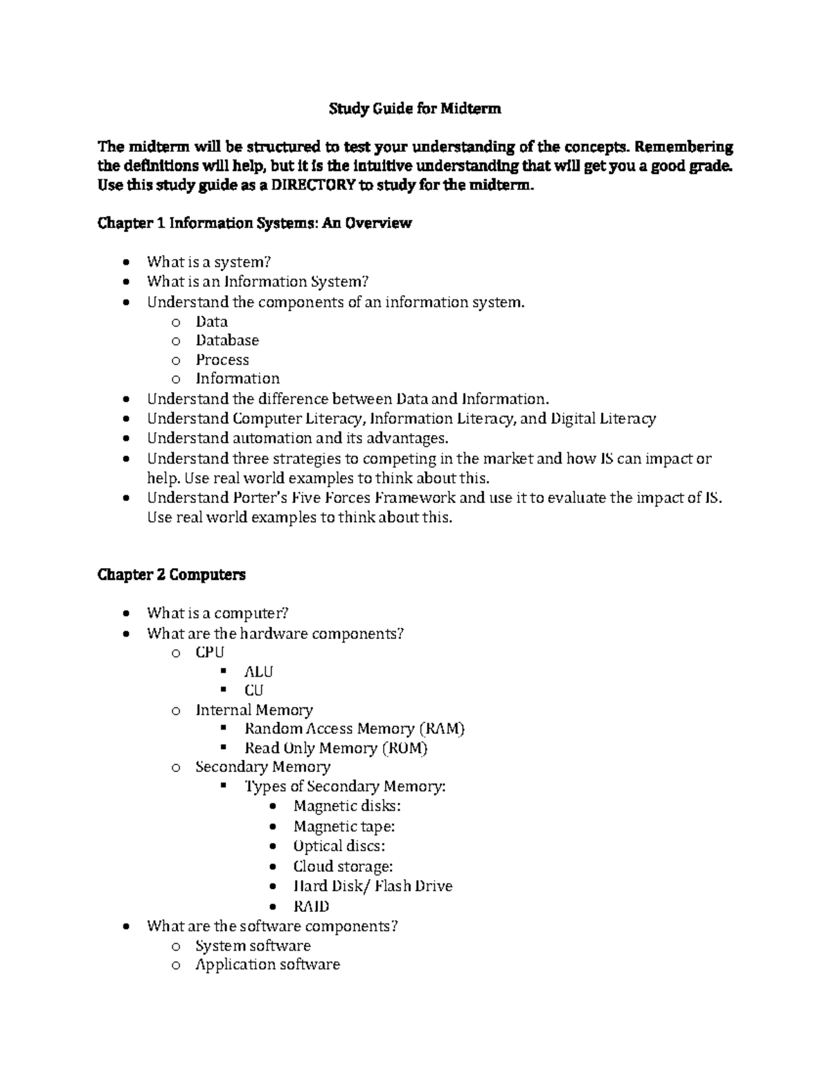 Study Guide for Midterm - Study Guide for Midterm The midterm will be ...
