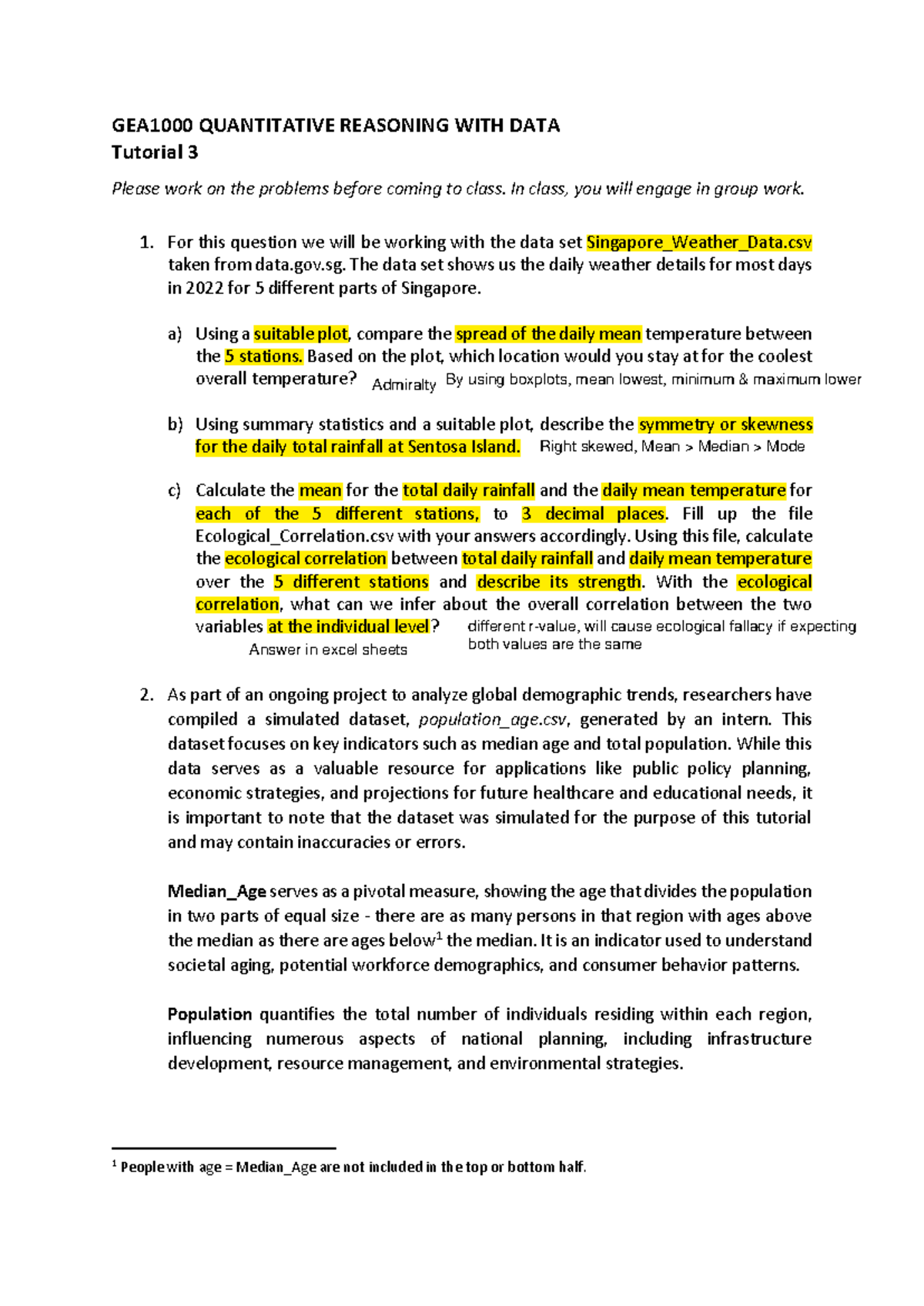 Tutorial 3 Gea1000 Quantitative Reasoning With Data Tutorial 3 Please Work On The Problems
