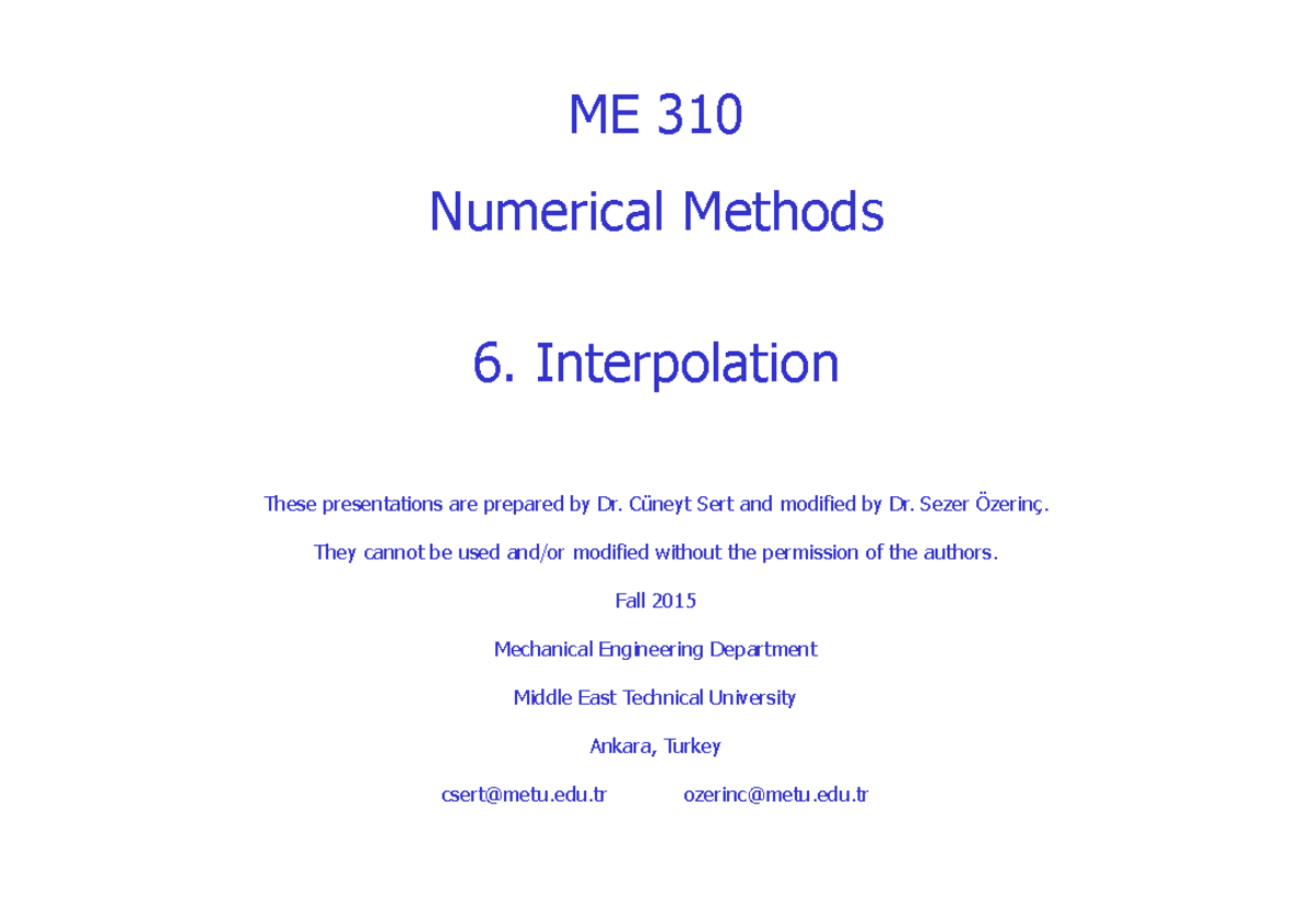 6-Interpolation - numerical methods - ME 310 Numerical Methods 6. Interpolation These ...